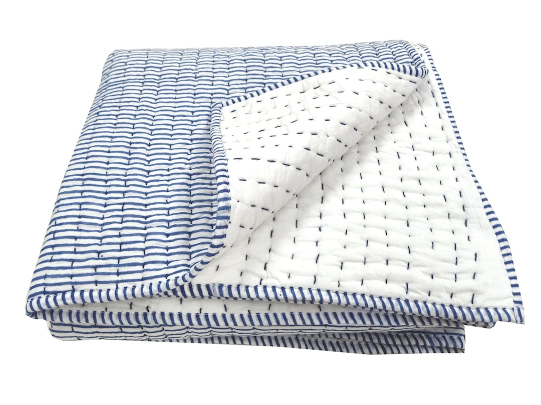 Reversible Blue Striped Block Print Cotton Kantha Quilt, Handmade ...