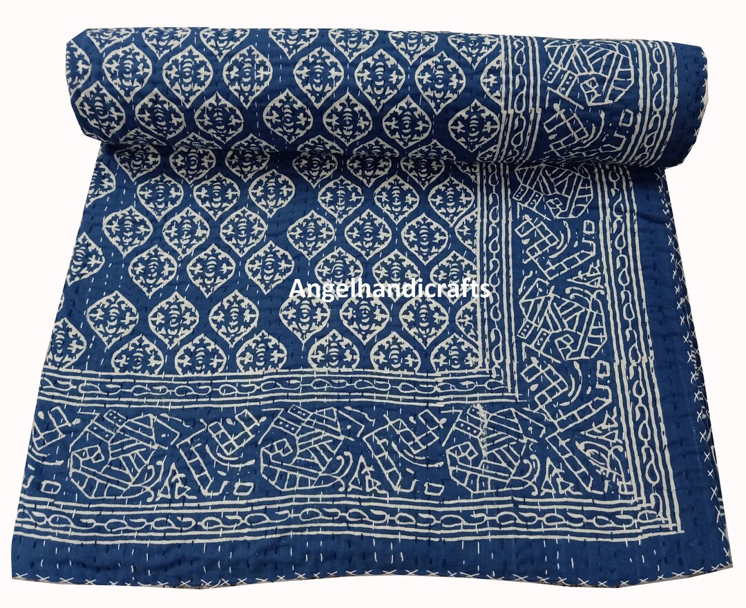 Blue Indigo Bedspread Indian Hand Block Kantha Quilt Cotton Throw King ...