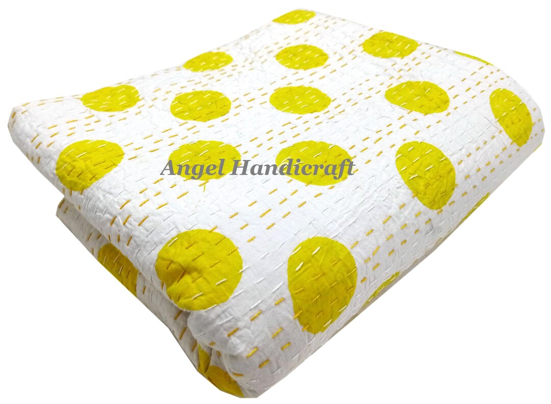 Polka Dot Block Print Kantha Throw, Handmade Reversible Cotton ...