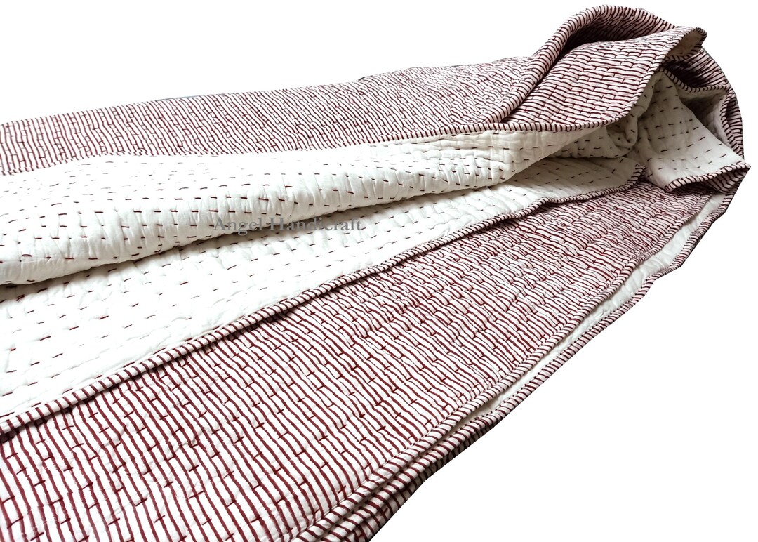 Striped Block Print Cotton Kantha Quilt, Handmade Reversible Quilted ...