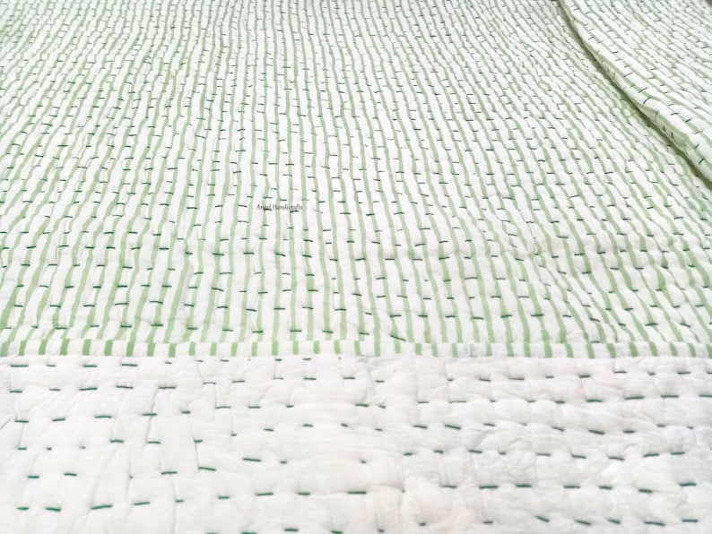 Reversible Handmade Blanket, Light Green Stripe Block Print Cotton ...