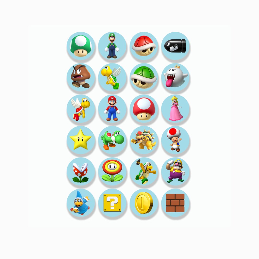Super Mario Characters Circle Stickers 24x 45mm Vinyl Birthday Party ...