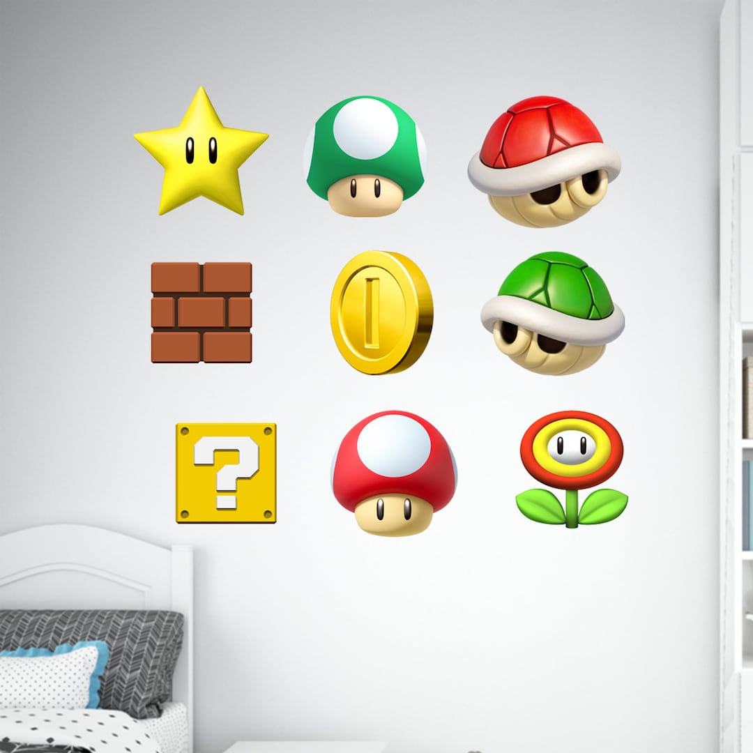 Super Mario Icons Vinyl Wall Sticker Decal WATERPROOF Kids Bedroom Deco ...