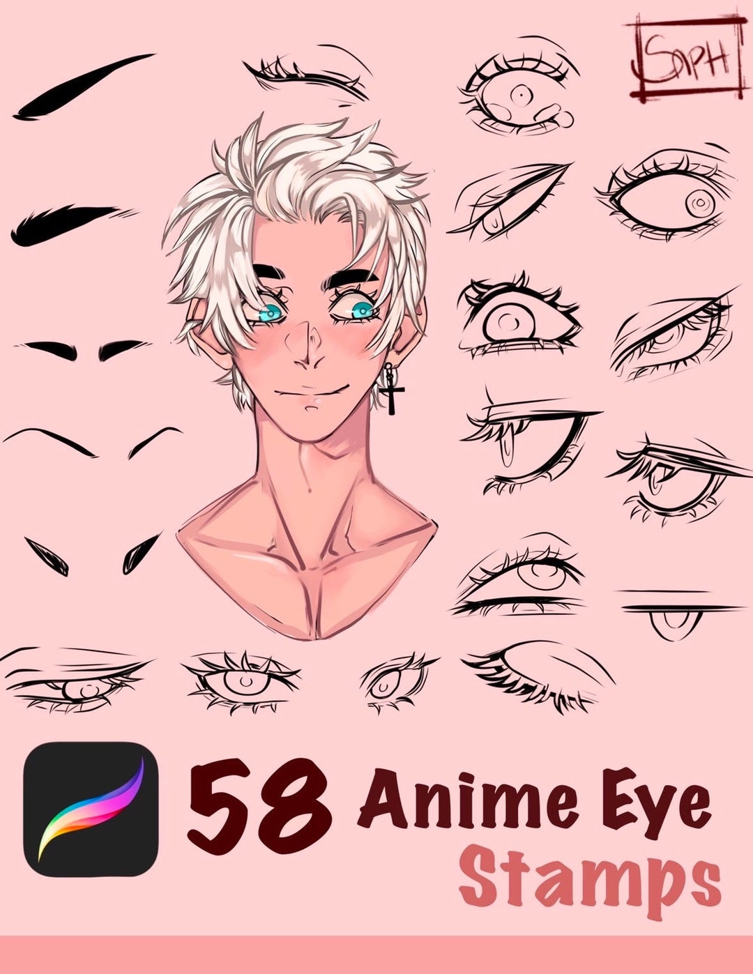 58 Anime Eye and Eyebrow Stamps Vol. 1 for Procreate Cartoon - Etsy