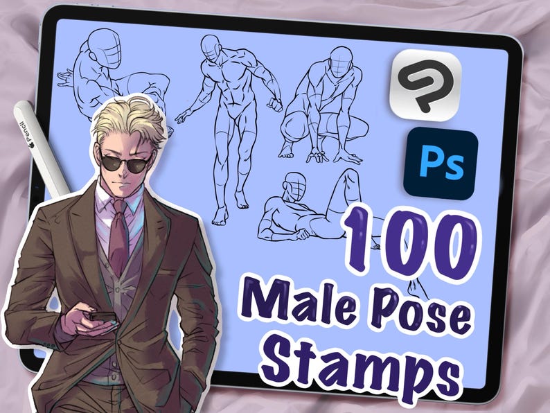 100 Male Pose CSP and PS Stamps: Anime Cartoon Lineart | Manga Artist ...