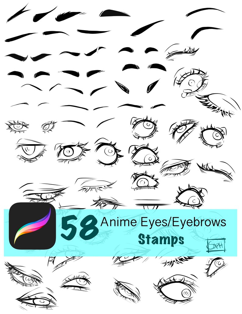58 Anime Eye and Eyebrow Stamps Vol. 1 for Procreate Cartoon - Etsy