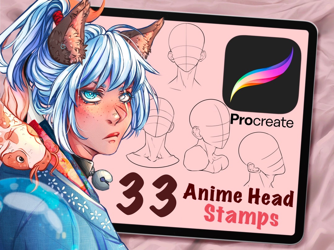 33 Anime Head Procreate Stamps *UPDATED*, Procreate Brushes, Digital ...