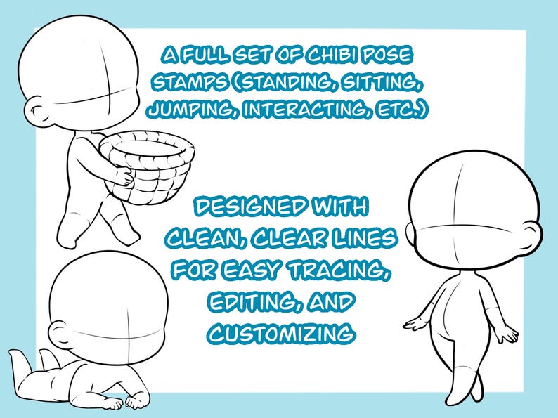 125 Chibi Pose CSP and PS Stamps: Anime Cartoon Lineart | Manga Artist ...