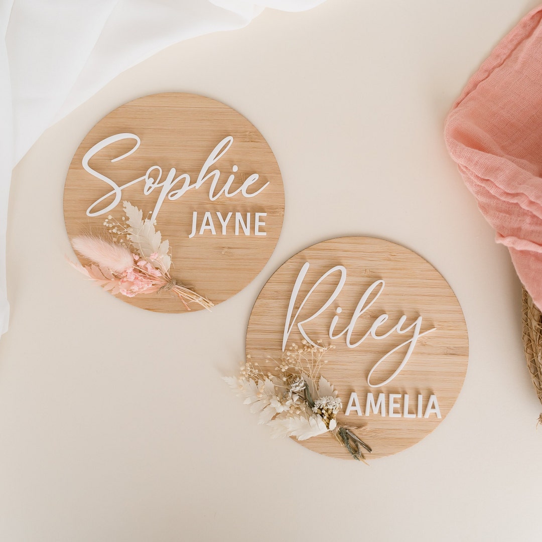 Birth Announcement Plaque With Dried Floral Bouquet | Bamboo Name ...