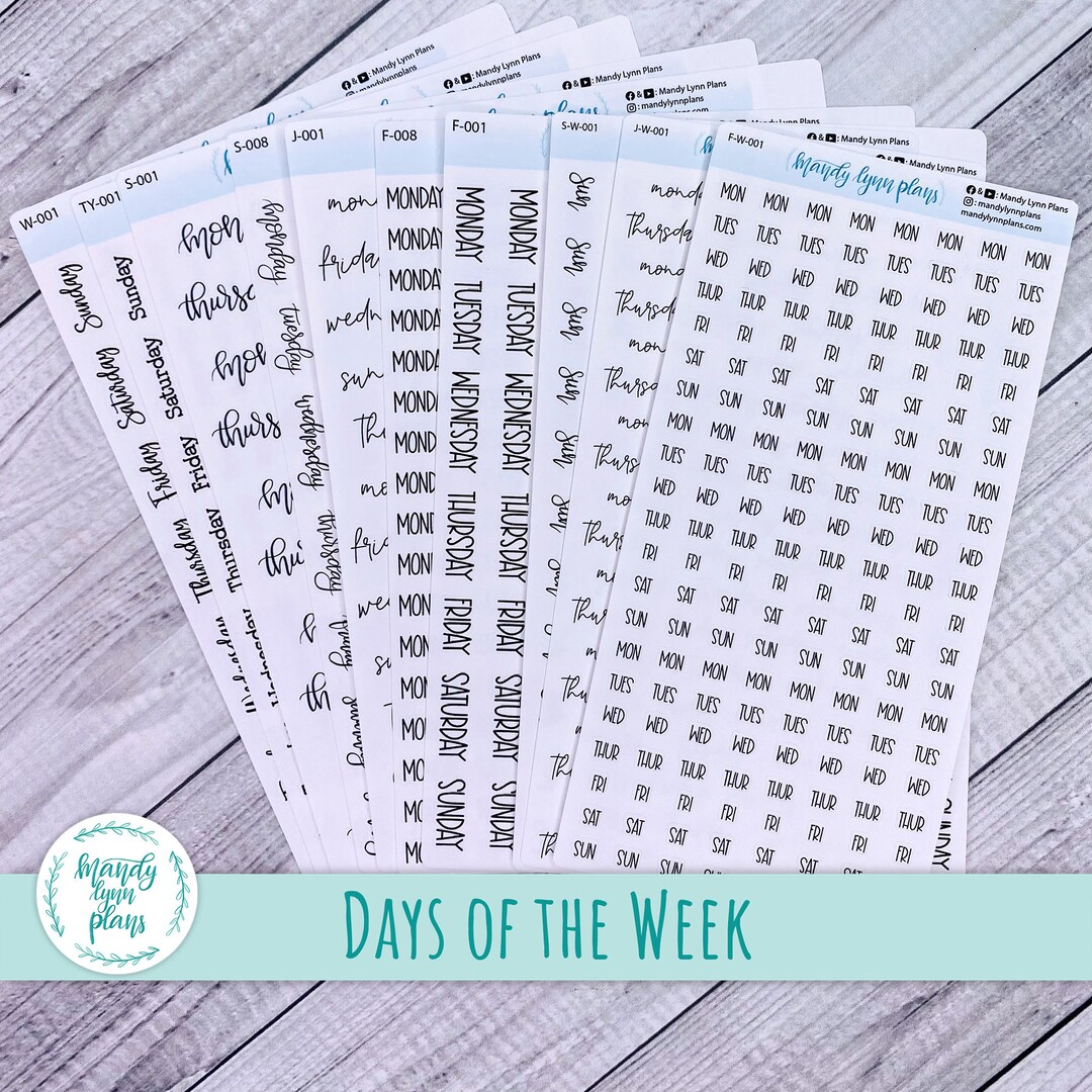 Days of the Week Script Stickers || Removable White Matte or Clear ...