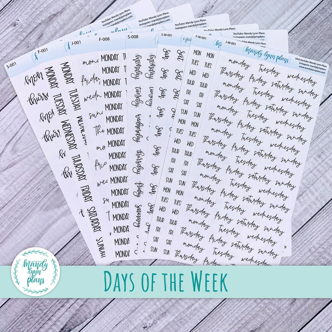 Days of the Week Script Stickers Removable White Matte or Clear Matte ...
