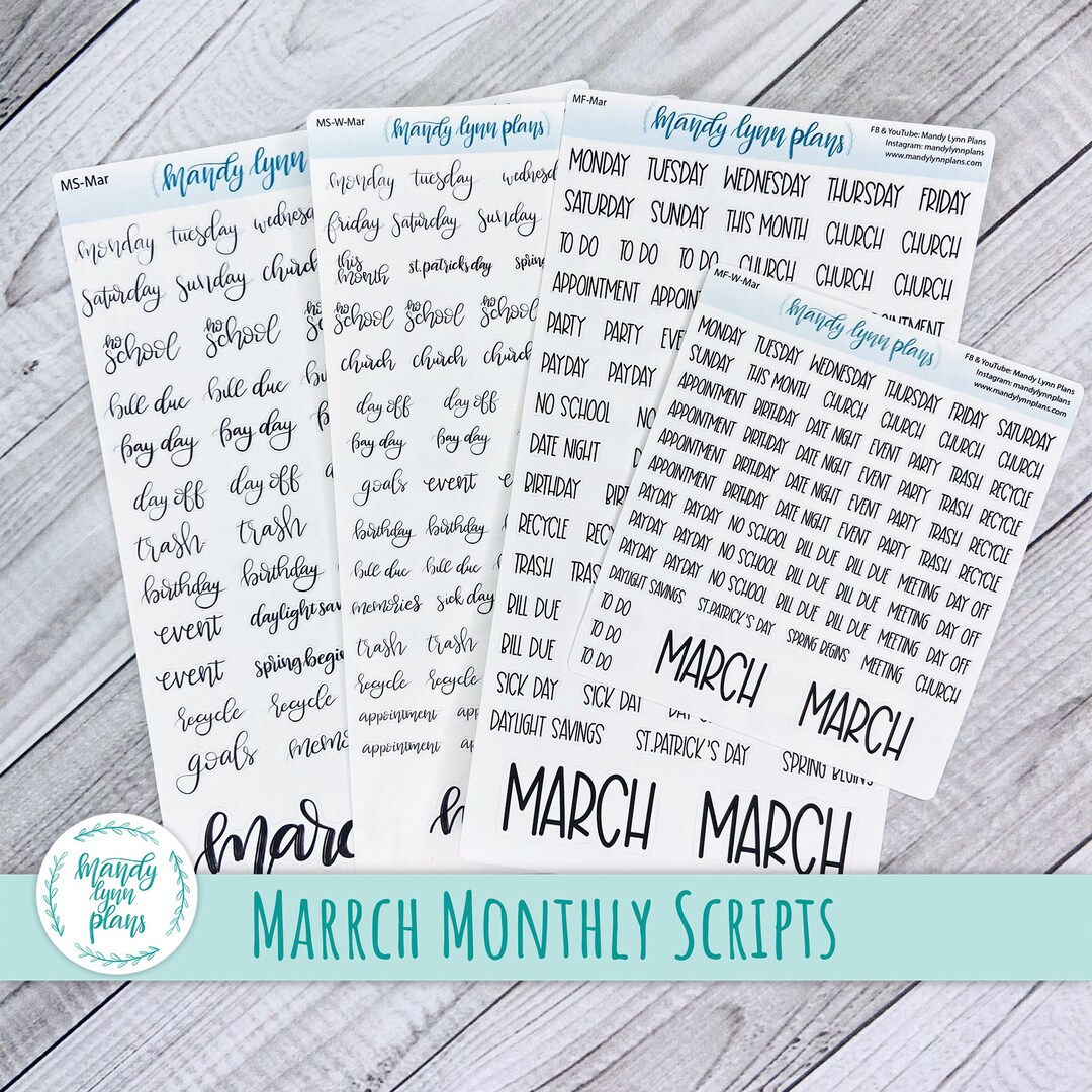 March Planner Stickers: Hand-lettered Scripts, Hobonichi Cousin/weeks ...