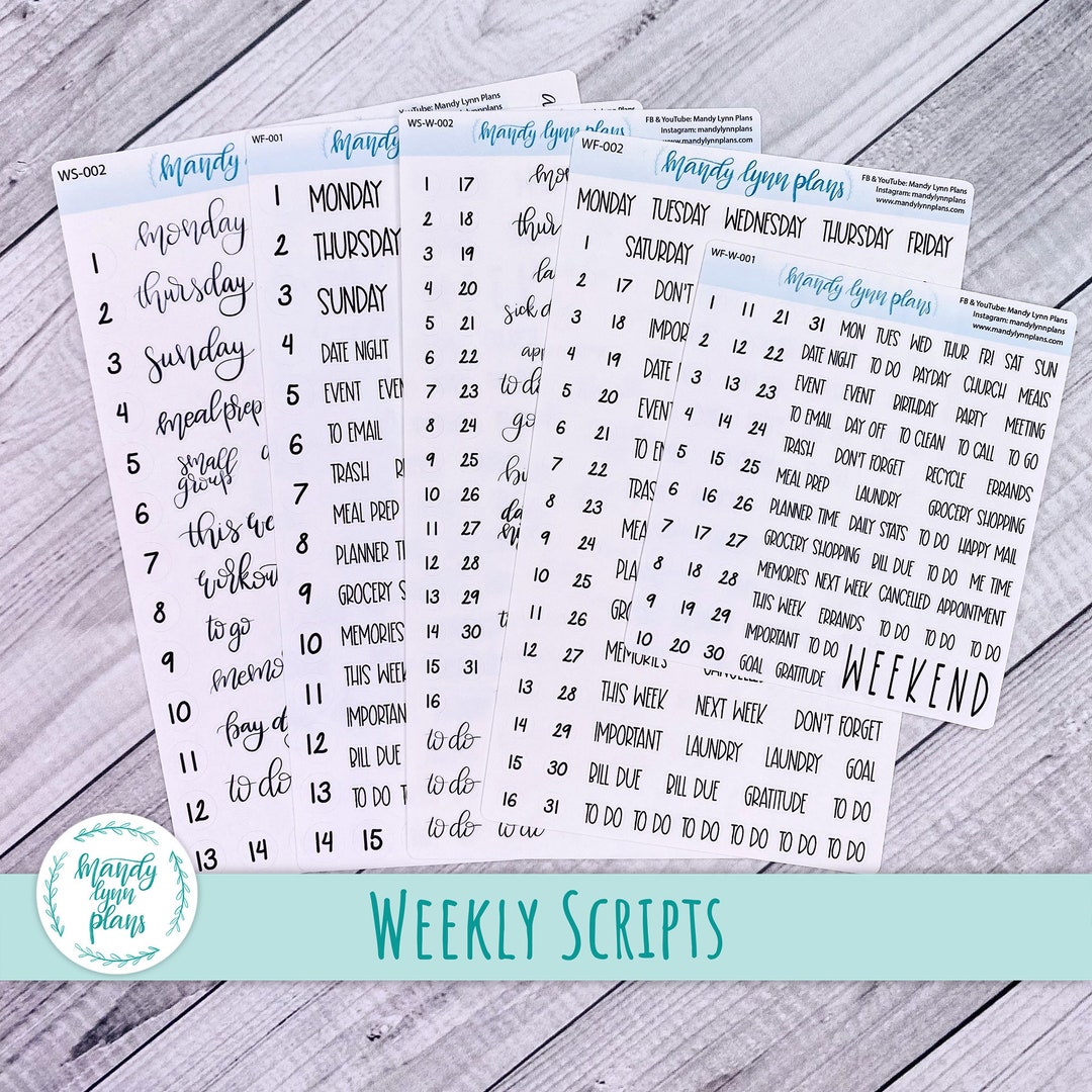Weekly Script Planner Stickers: Hand Lettered, Removable Matte ...