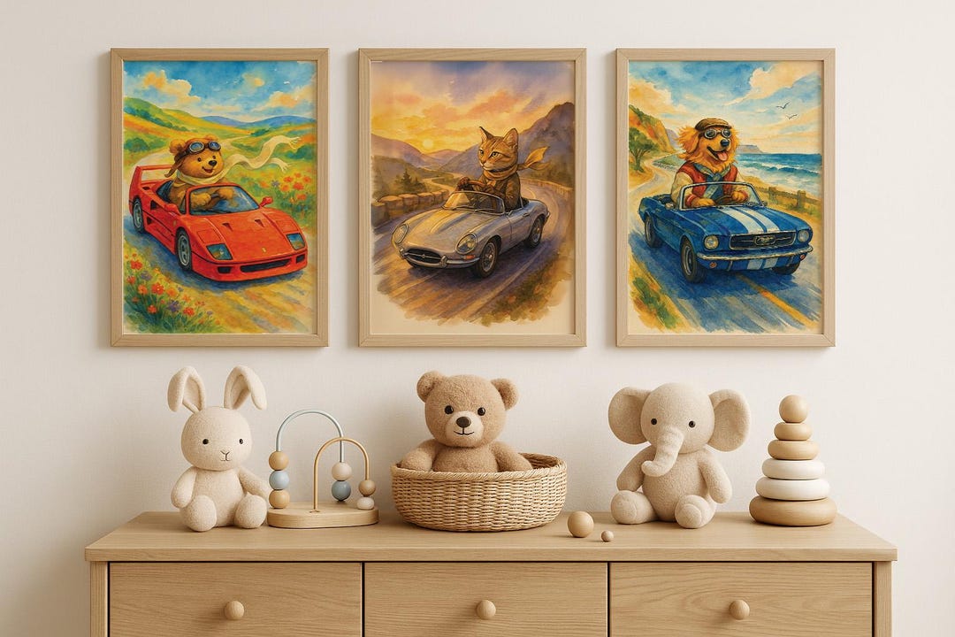 Animals Driving Cars Watercolor Prints | Nursery Wall Art – 15 Print ...
