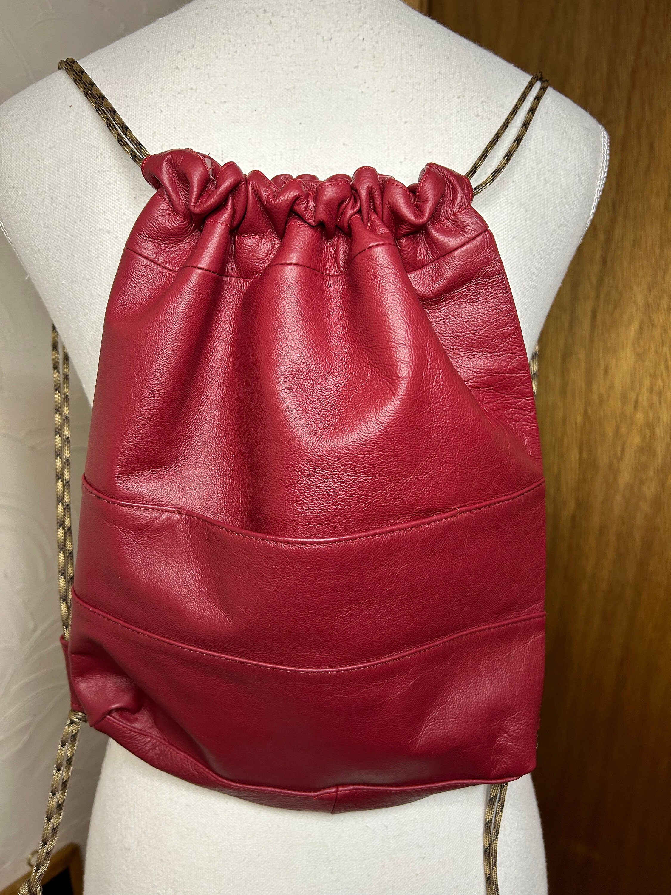 Drawstring Leather Back Pack Upcycled red - Etsy