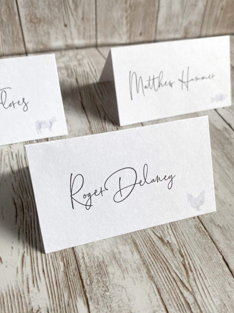 White Tented Place Cards With Meal Icon and Table Number - Lettered and ...