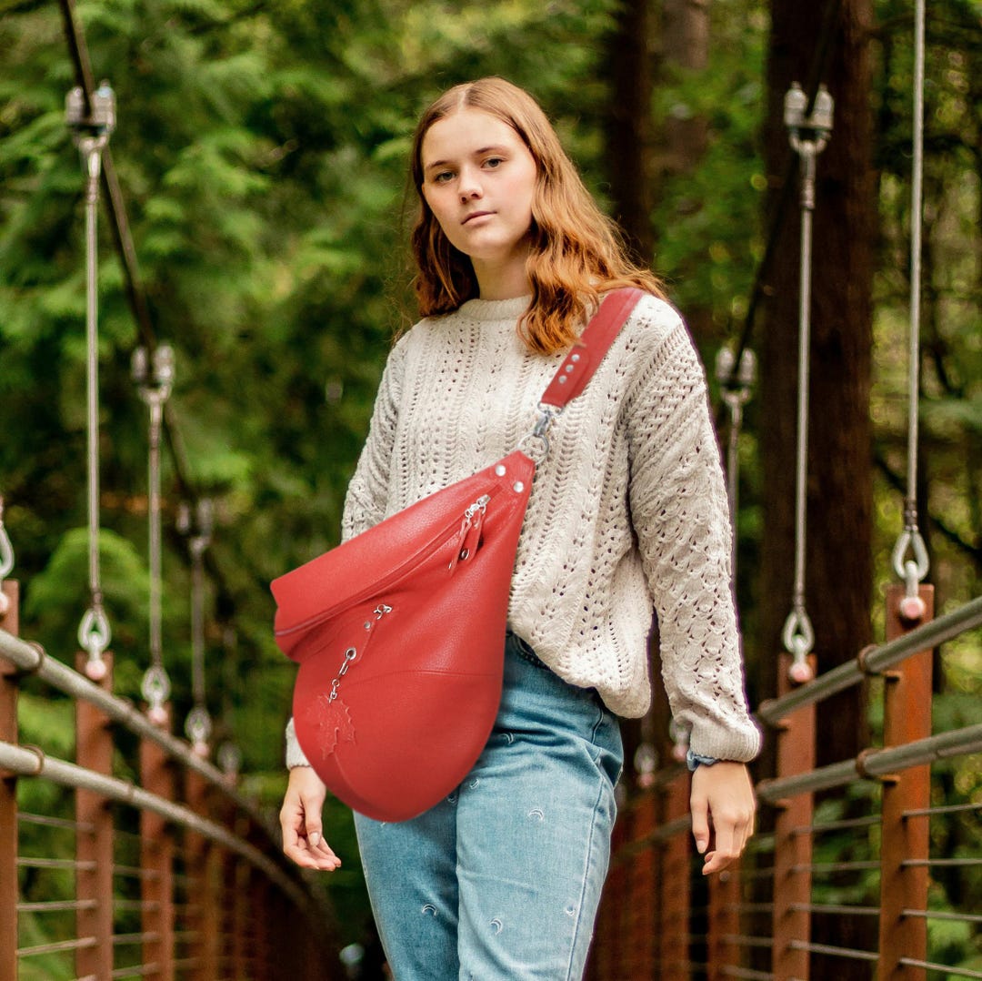 Large Leather Sling Bag: Red Crossbody Purse, Durable Lining, Exterior ...