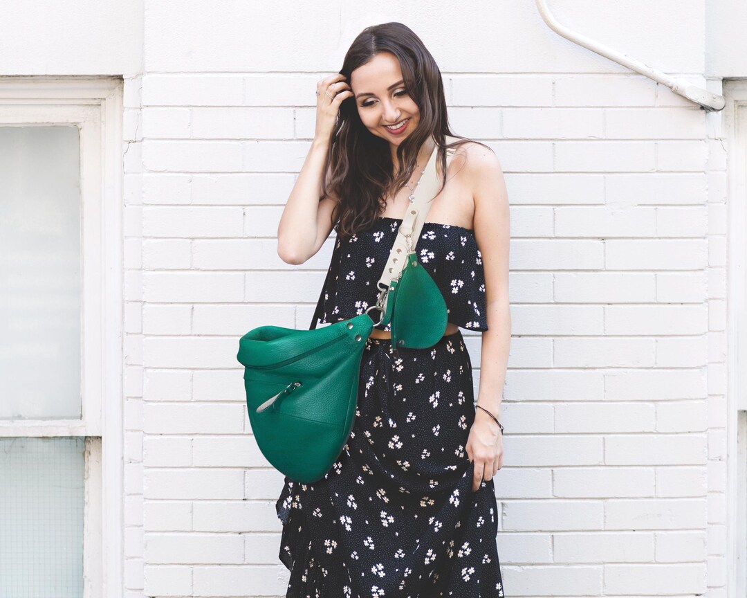 Large Leather Sling Bag, Green Women's Leather Crossbody Purse, Soft ...
