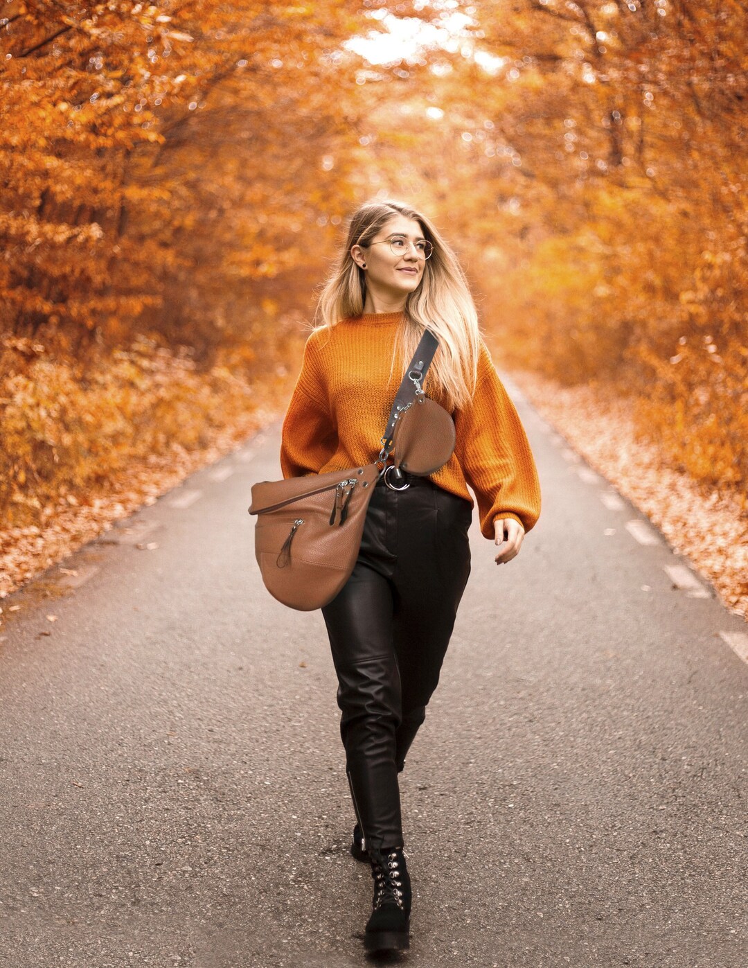 Soft Leather Sling Bag, Two Color Pebbled Leather Crossbody Bag, Extra ...