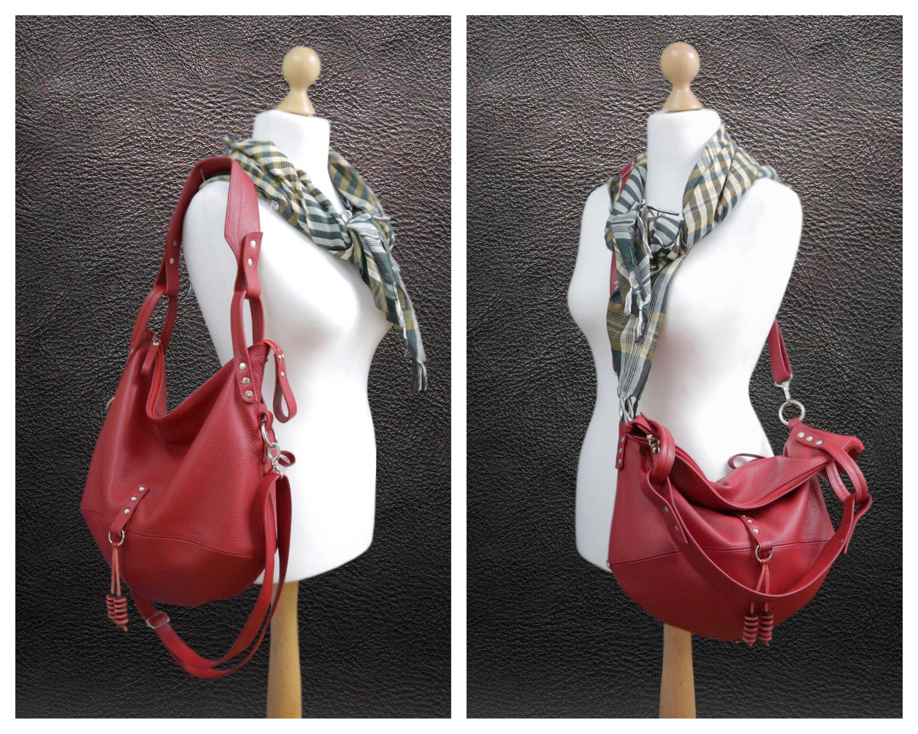 Red Leather hobo bag soft women slouchy purse leather | Etsy