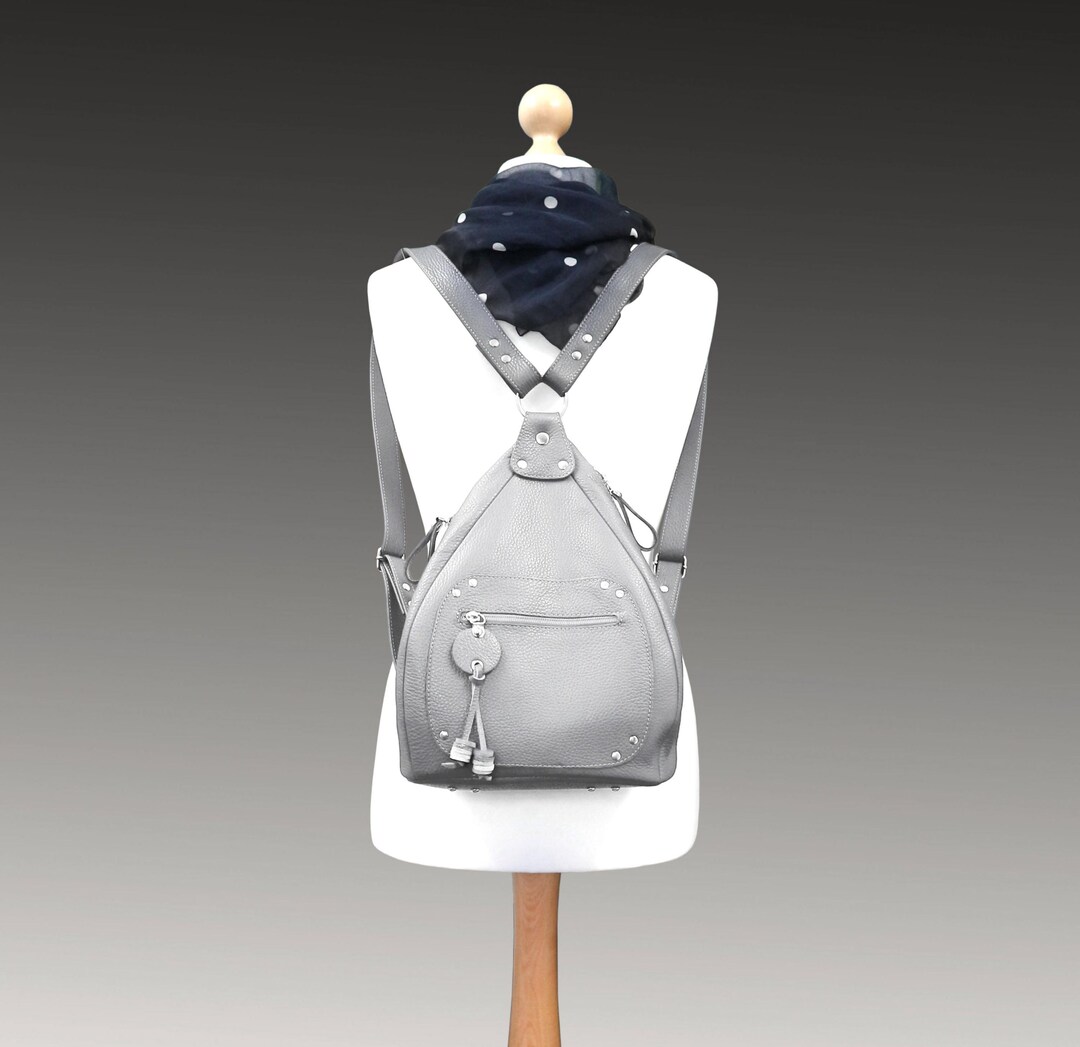 Gray Leather Backpack, Small Woman Triangular Backpack Purse With ...