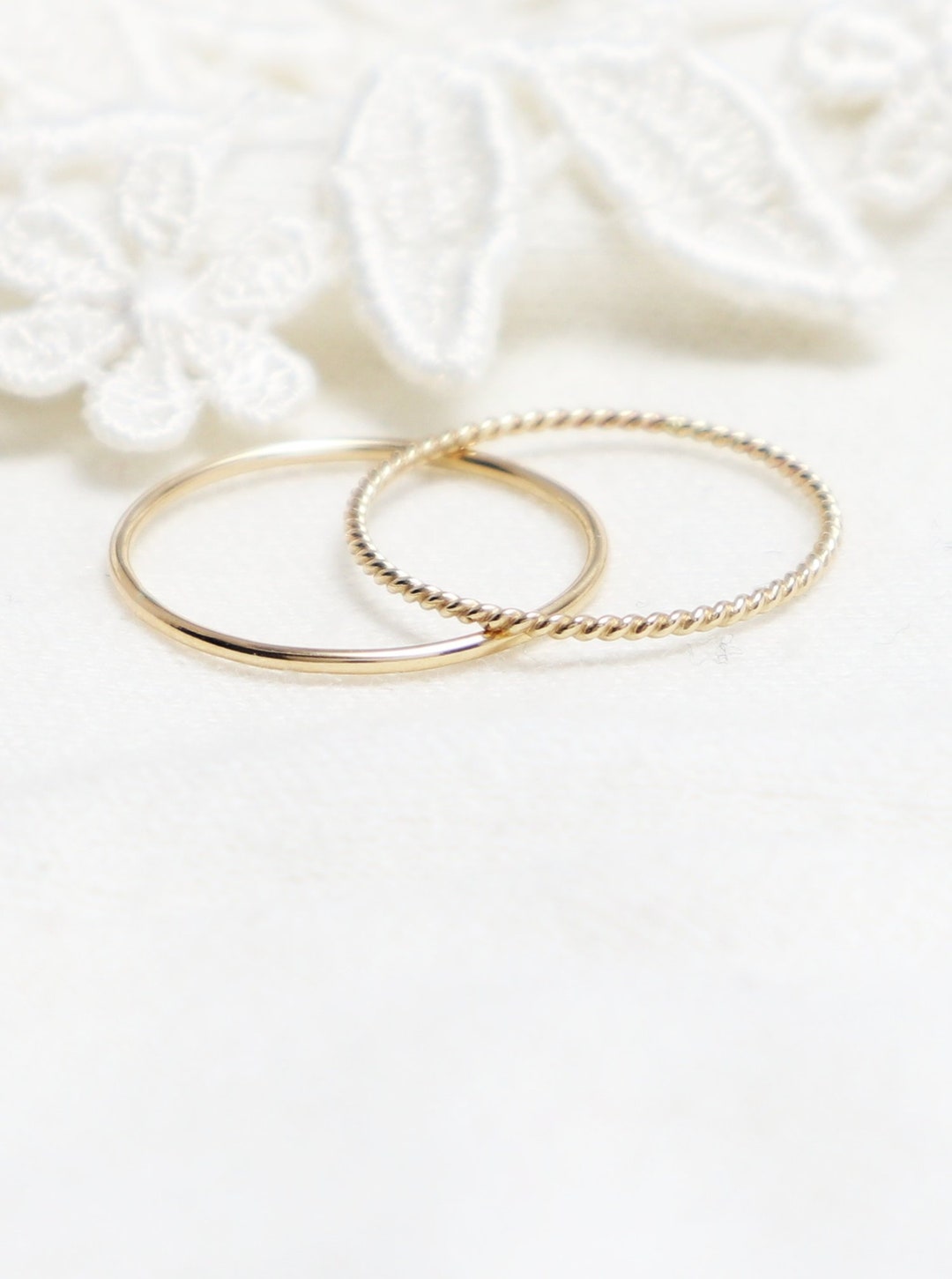 Super Thin Gold Textured Ring, Set of 2, Smooth, Twist, Dainty Gold ...