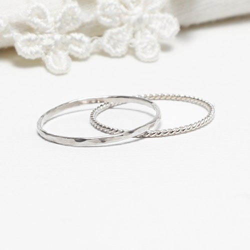 Thin Silver Hammered Ring Set of 2 Rings for Women Delicate - Etsy