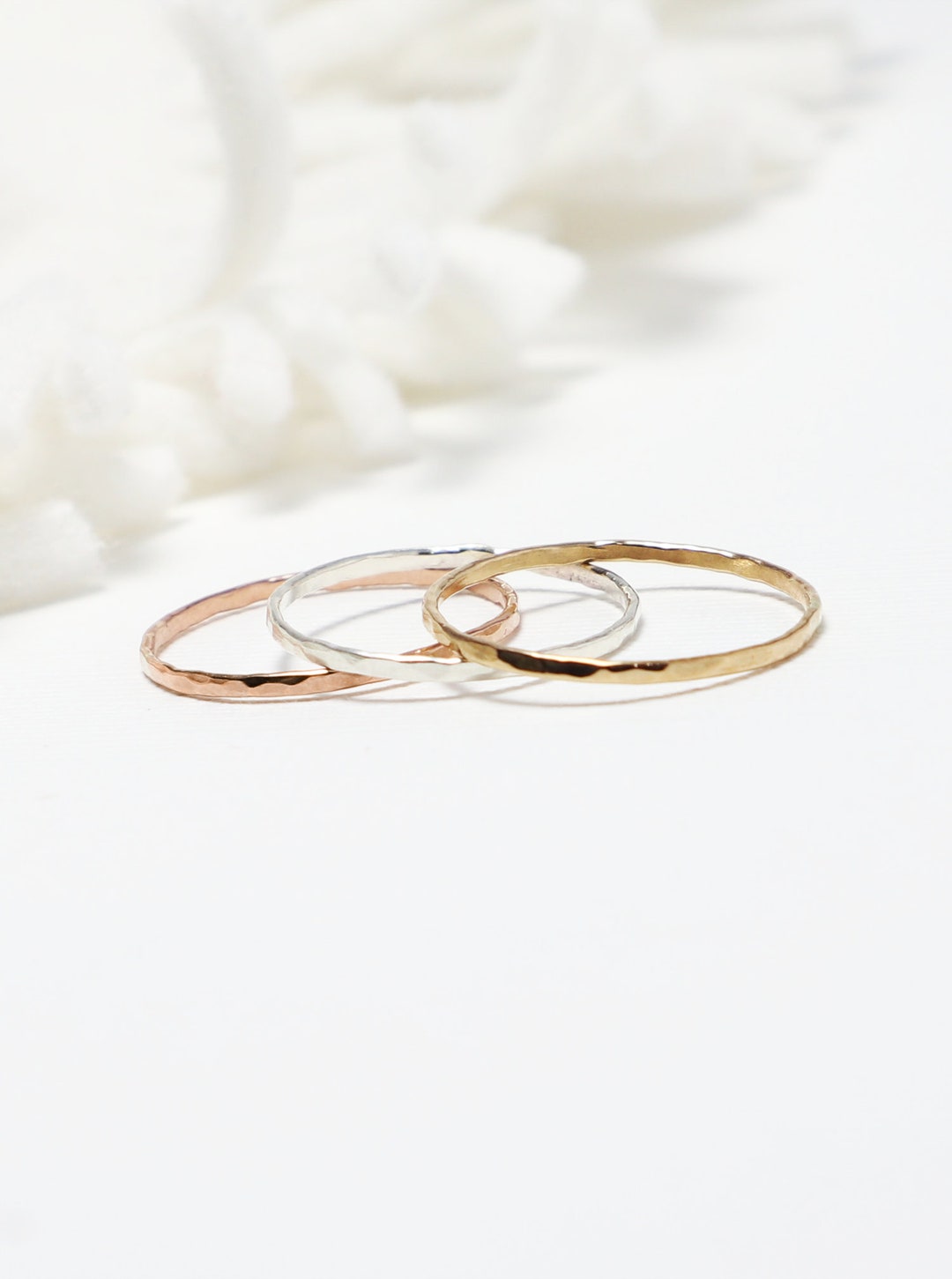Thin Gold & Silver Ring Set of 3, Hammered Thumb Rings for Women ...