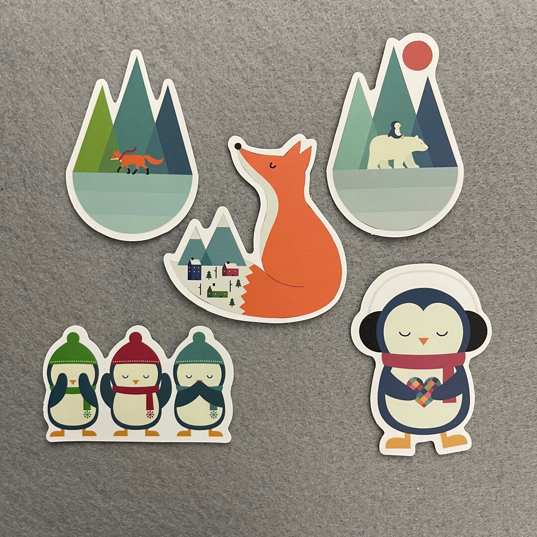 RTS Pack of 5 Winter Animal Stickers Fox Polar Bear Penguin Snow ...