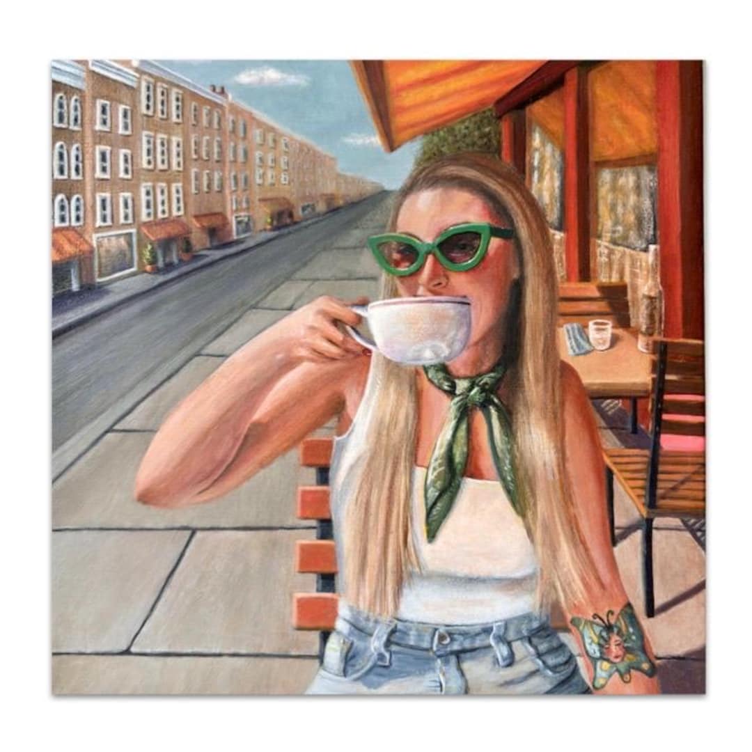 3x3 to 16x16 Art Print of Acrylic Painting, Woman Sipping Tea at an ...