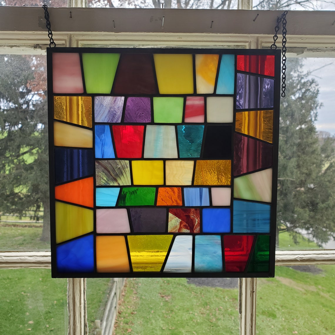 Crazy Quilt Stained Glass Panel 10x10 | Etsy