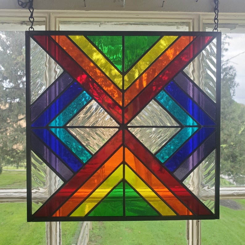 Stained Glass Panel 10x10 Geometric Rainbow | Etsy
