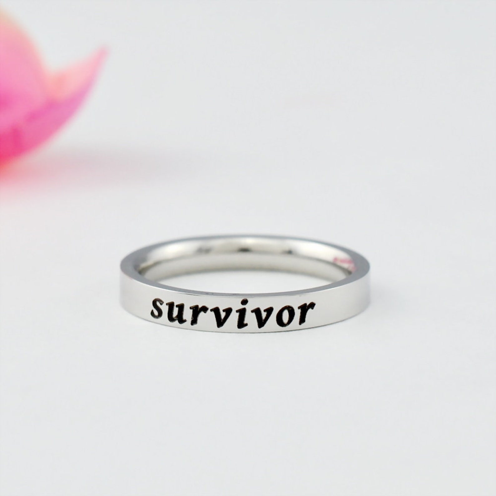 Survivor Engraved Stainless Steel Ring, Minimalist Band, Strength and ...