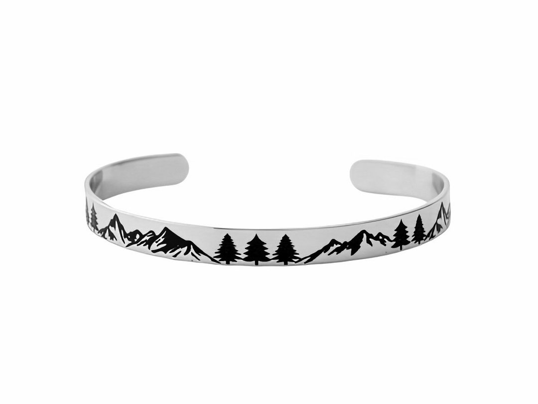 Forest Mountain Bracelet - Stainless Steel Cuff Bracelet, Pine Trees ...
