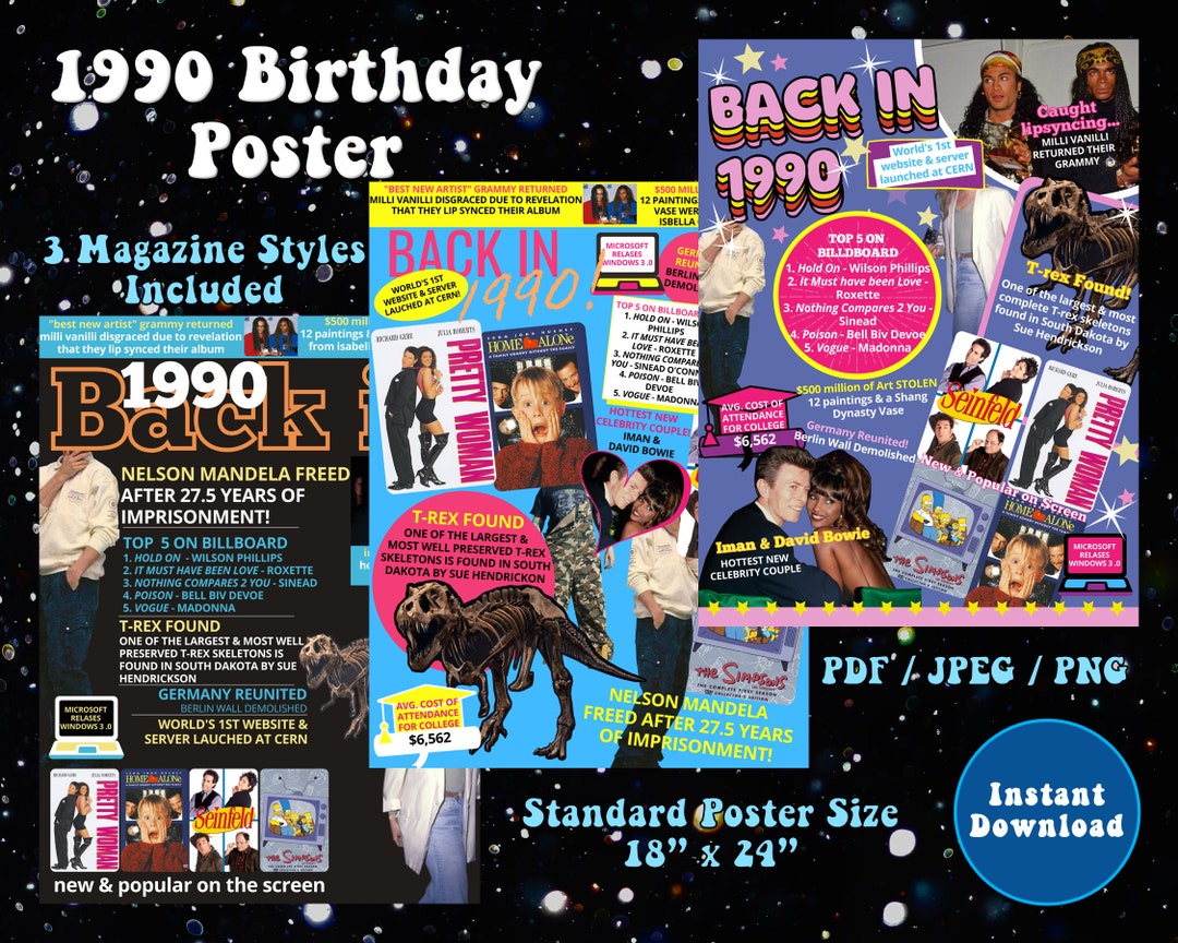 Back in 1990 Printable Birthday Poster - Magazine Cover Style ...