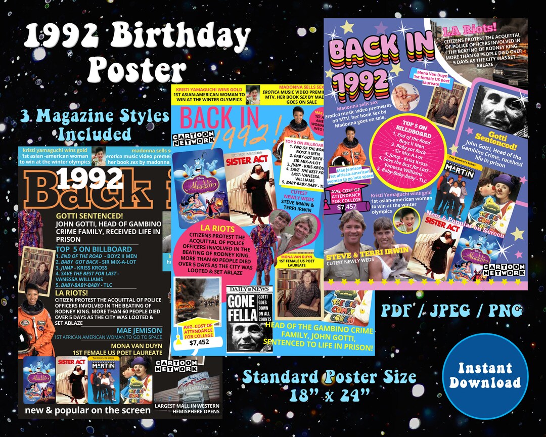 Back in 1992 Printable Birthday Poster - Magazine Cover Style ...