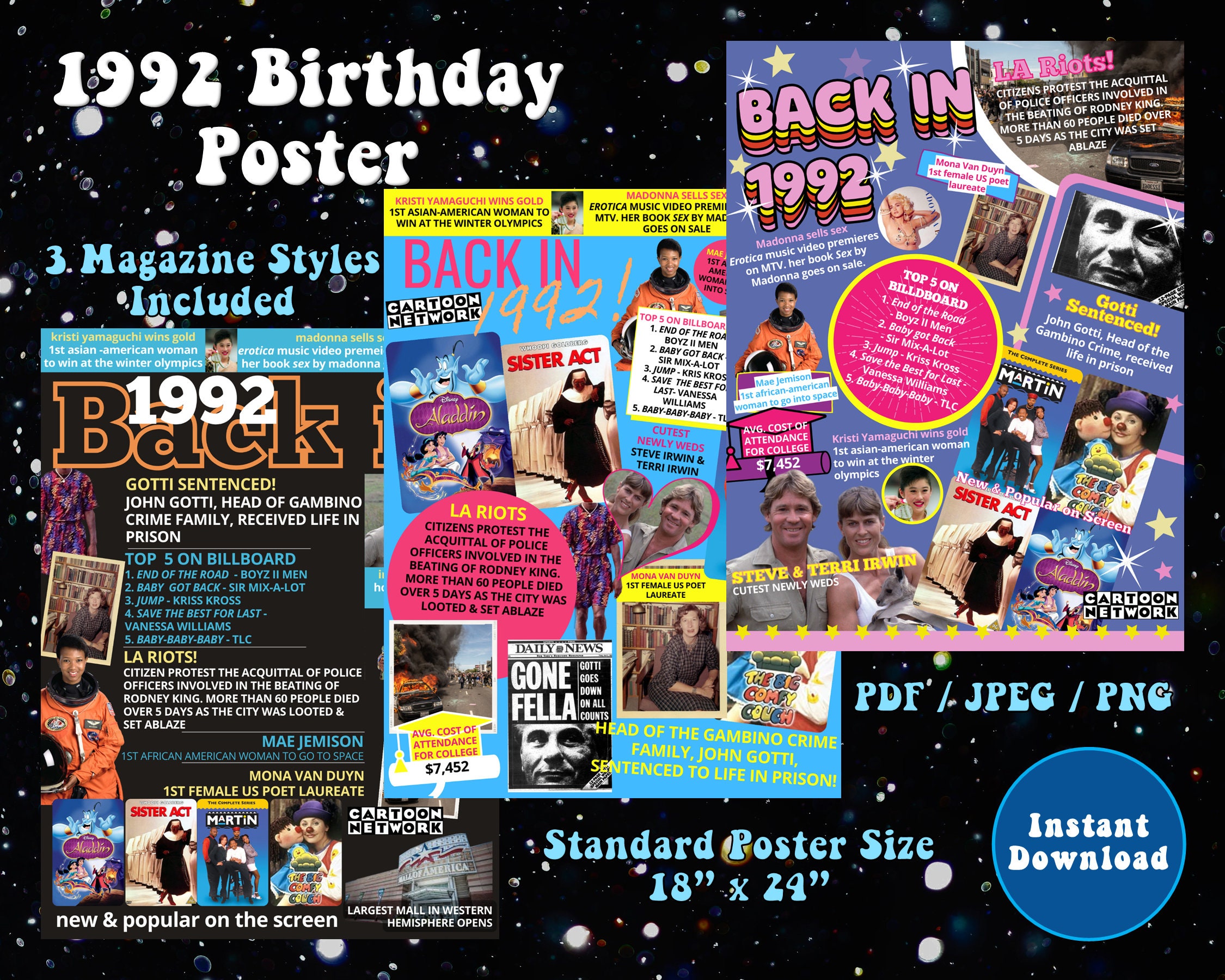 Back in 1992 Printable Birthday Poster Magazine Cover Style Birthday ...