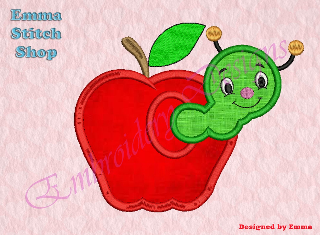 Worm and Red Apple Applique Embroidery Designs, Green Worm Machine ...