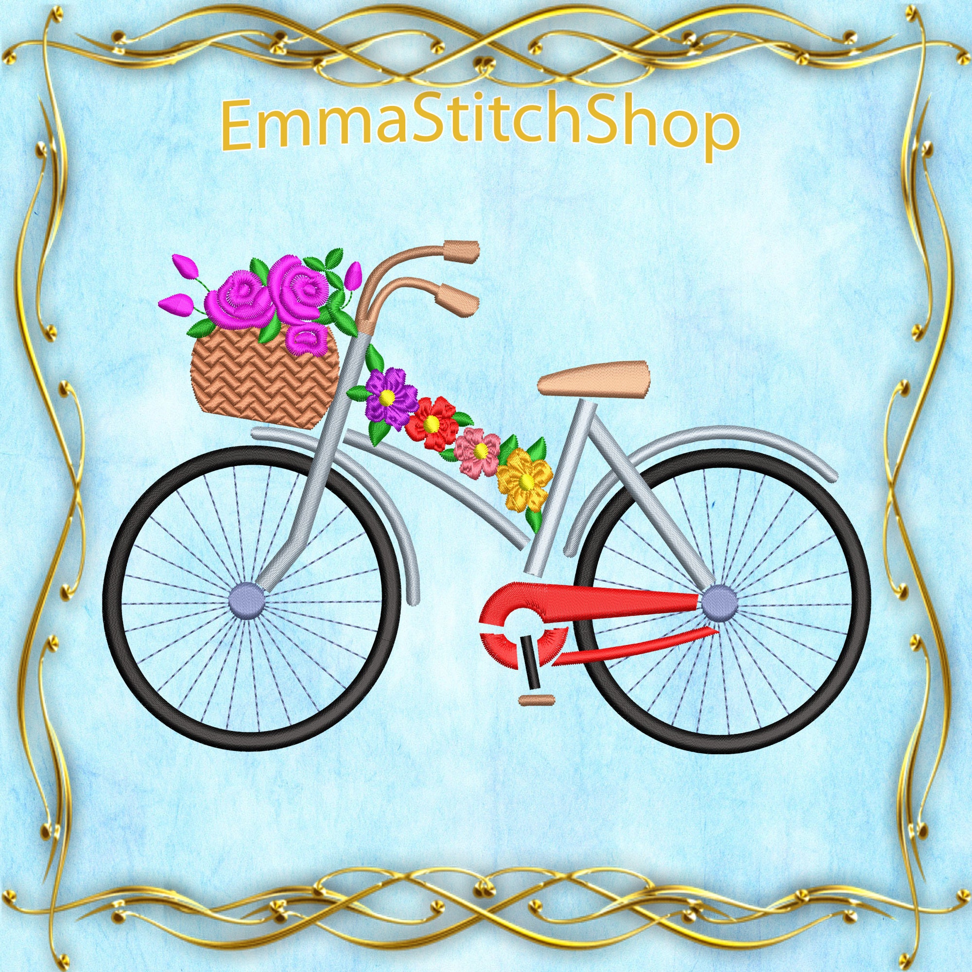 Floral Bike Stitch Machine Embroidery Designs Bicycle With Flowers ...