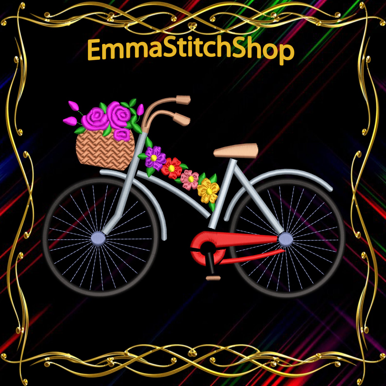 Floral Bike Stitch Machine Embroidery Designs Bicycle With Flowers ...