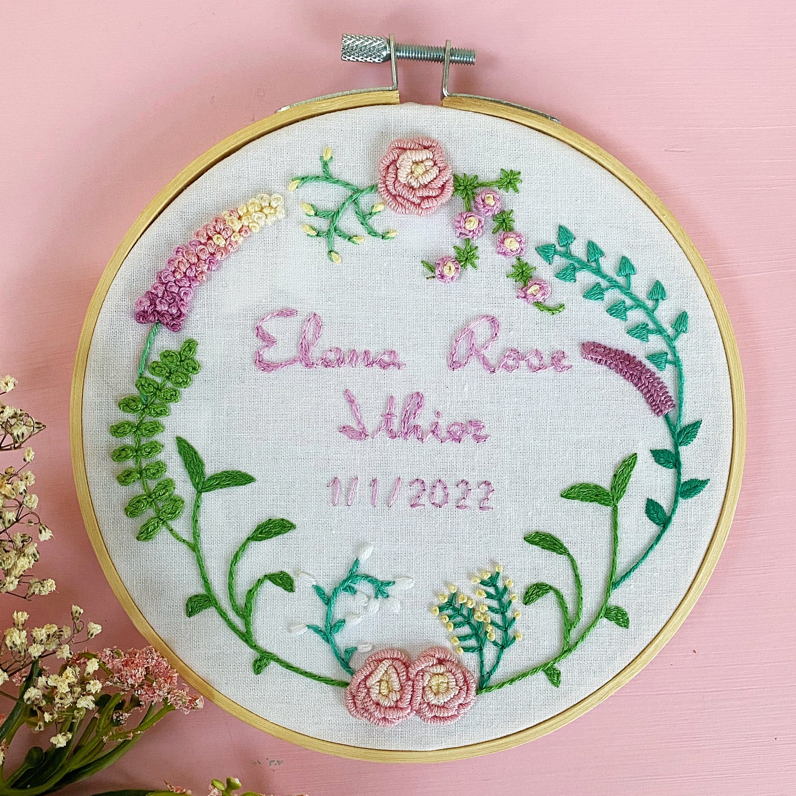 Personalized Baby Hand Embroidery Floral Name Hoop Nursery Decor With ...