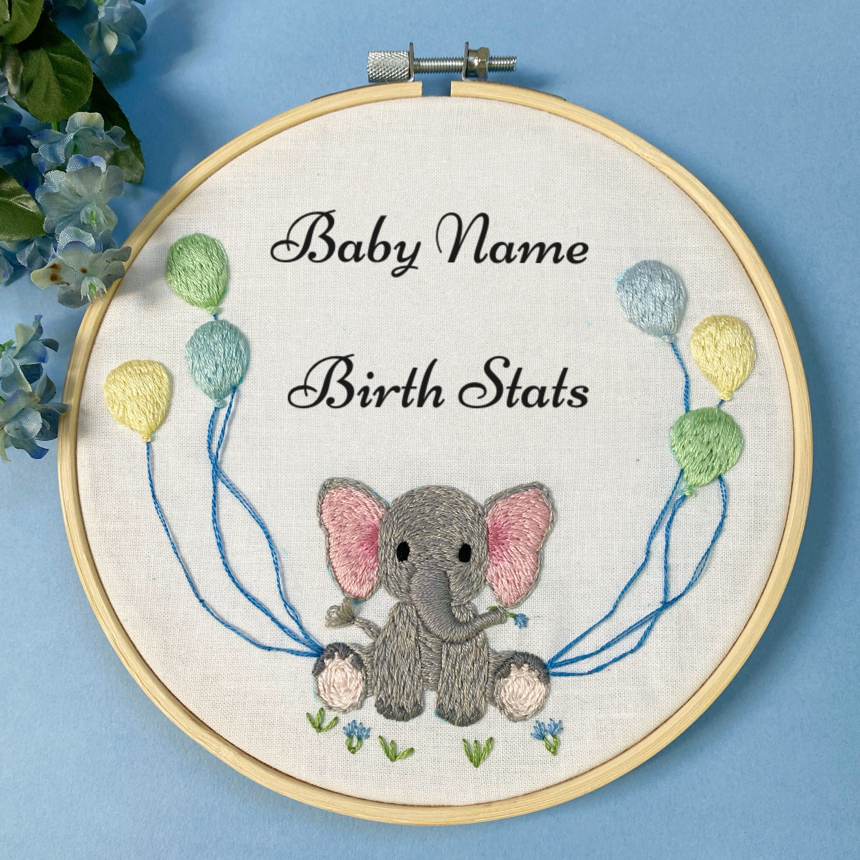 Baby Boy or Girl Birth Hoop, Embroidered Elephant for Nursery, Baby ...