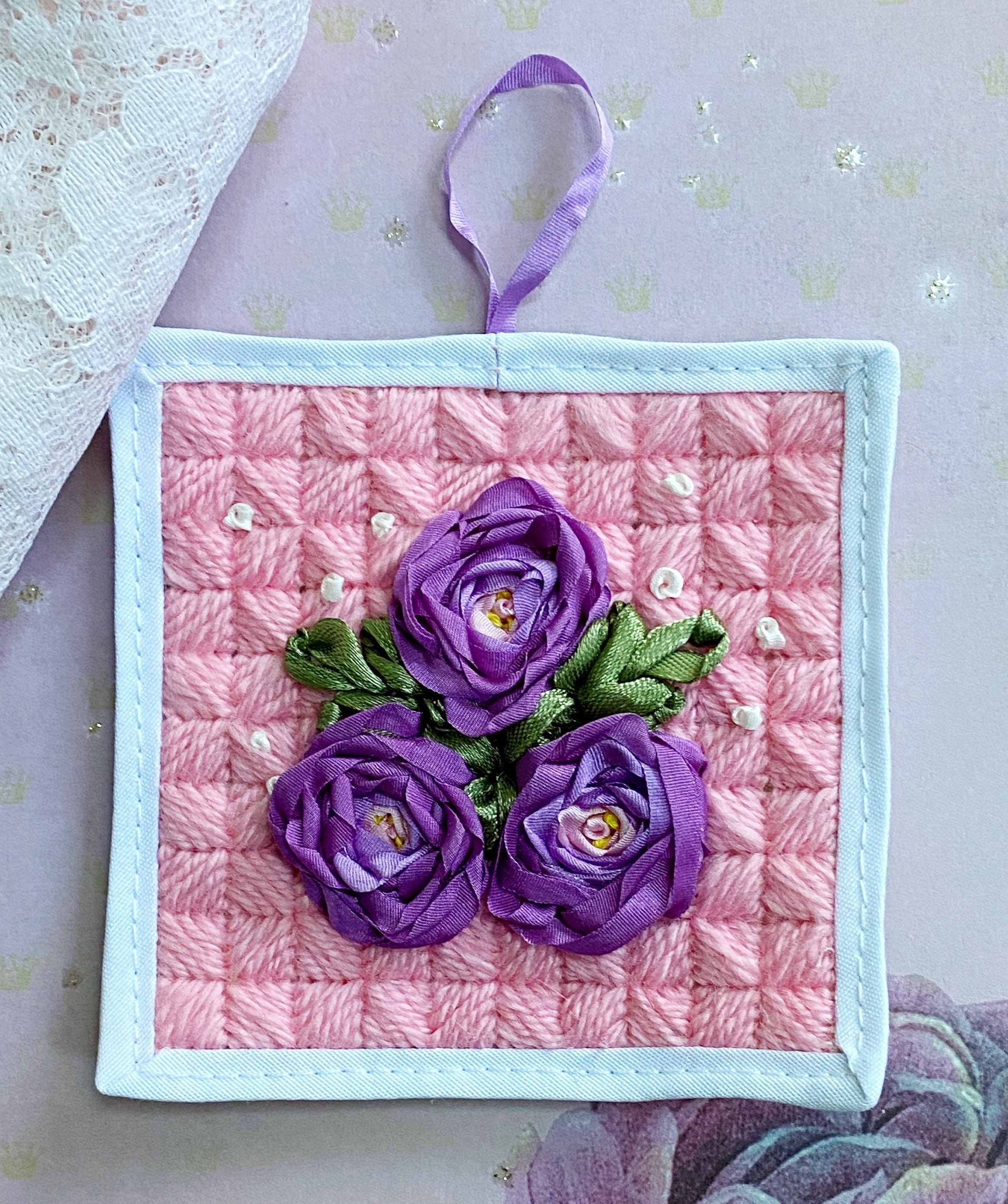 Lavender Sachet Bag, Ribbon Embroidery, Purple Roses Sachet Ornament, Floral Embroidery Cross ...