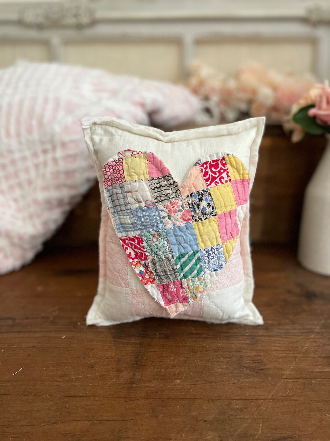 Vintage Antique Quilt Applique Mini Heart Pillow, Cottagecore, Repurposed Quilt, Farmhouse ...