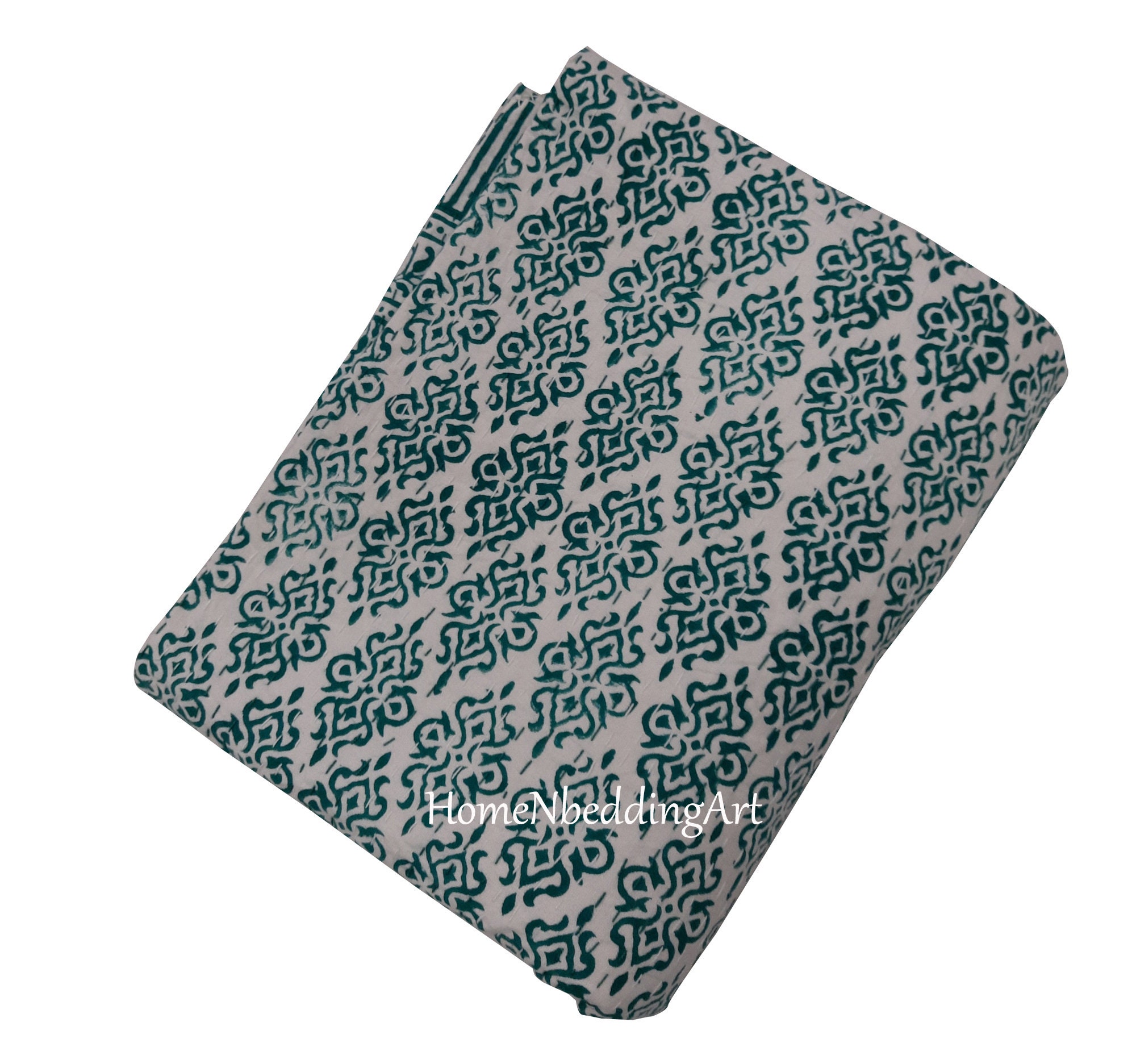 Green Hand Block Print Kantha Quilt Handmade Indian Kantha Blanket Home ...