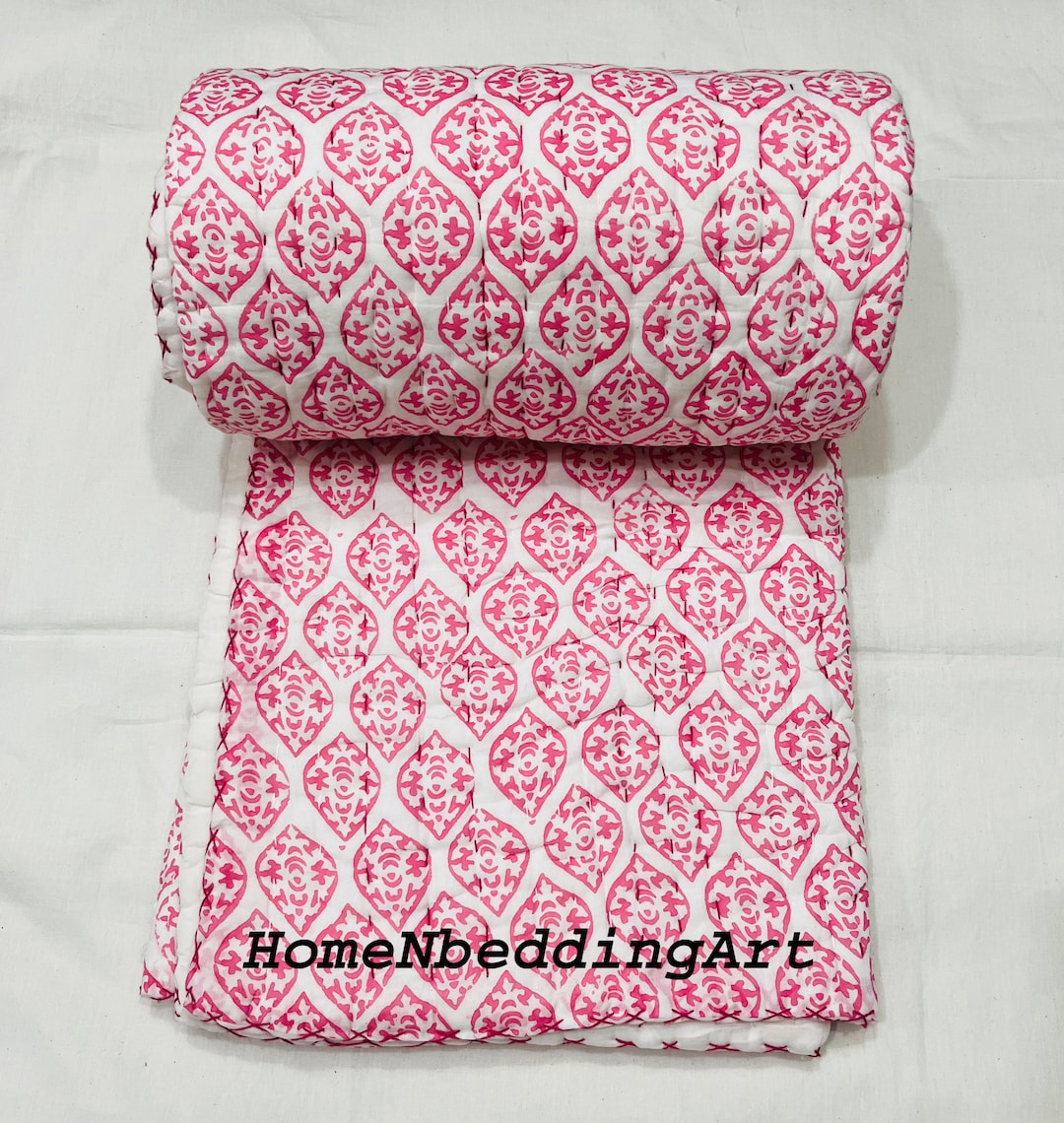 Pink Handmade Cotton Kantha Quilt Jaipuri Cotton Pink Quilt Rajai ...