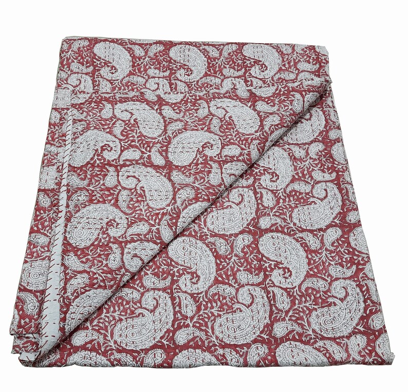 New Indian Red Paisley Kantha Quilt Block Print Bedspread - Etsy