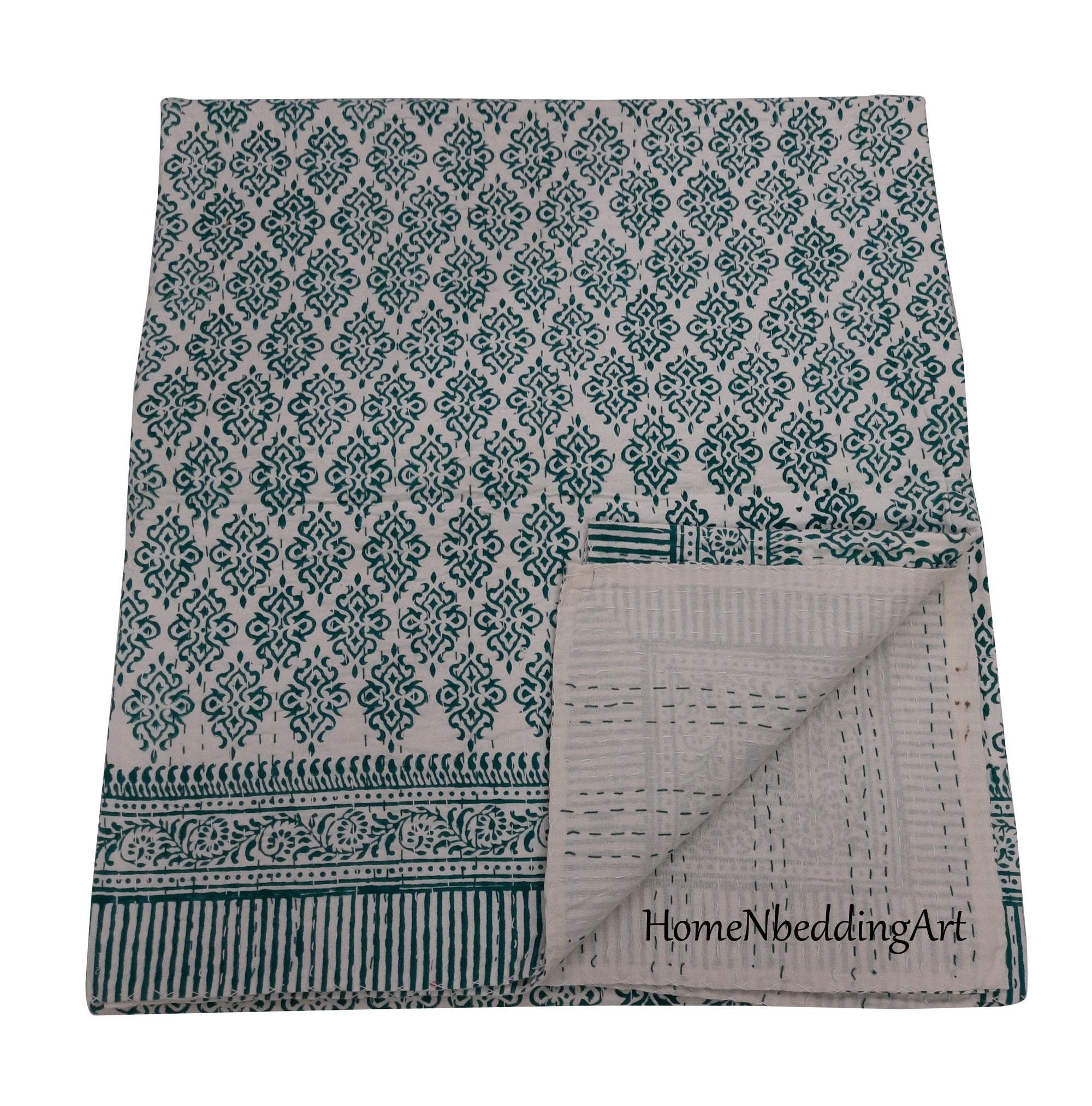 Green Hand Block Print Kantha Quilt Handmade Indian Kantha Blanket Home ...