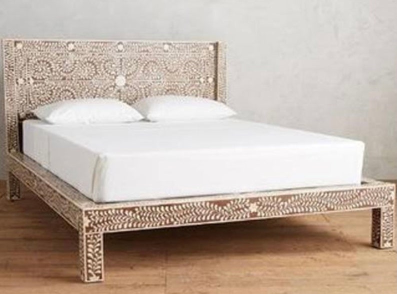 Bone Inlay Bed Floral Pattern Vintage Look King and Queen - Etsy
