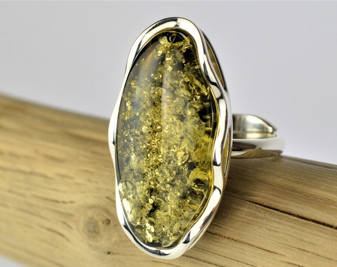 Big Green Amber Ring , Genuine Baltic Amber , Big Amber Ring , Green ...